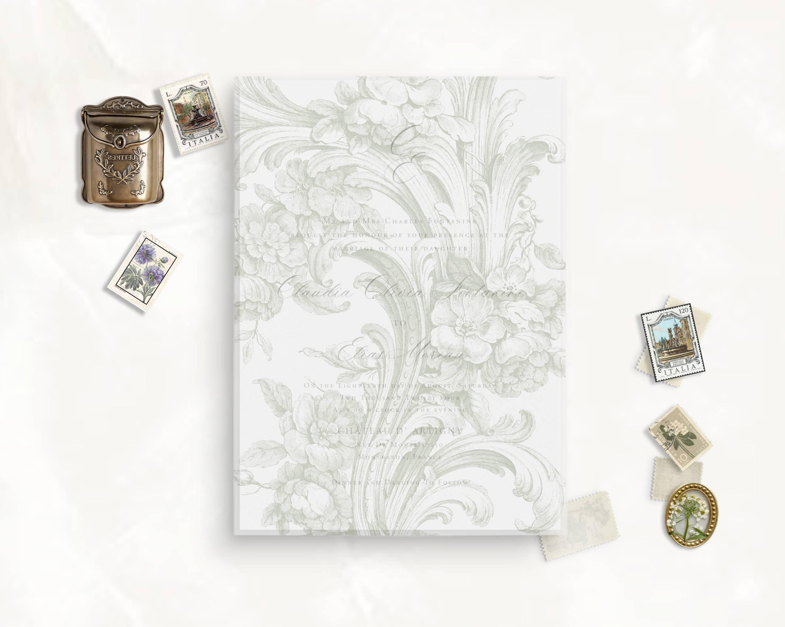 Sage Green Floral Leaf Vellum Overlay for Wedding Invitation Card, Pre ...