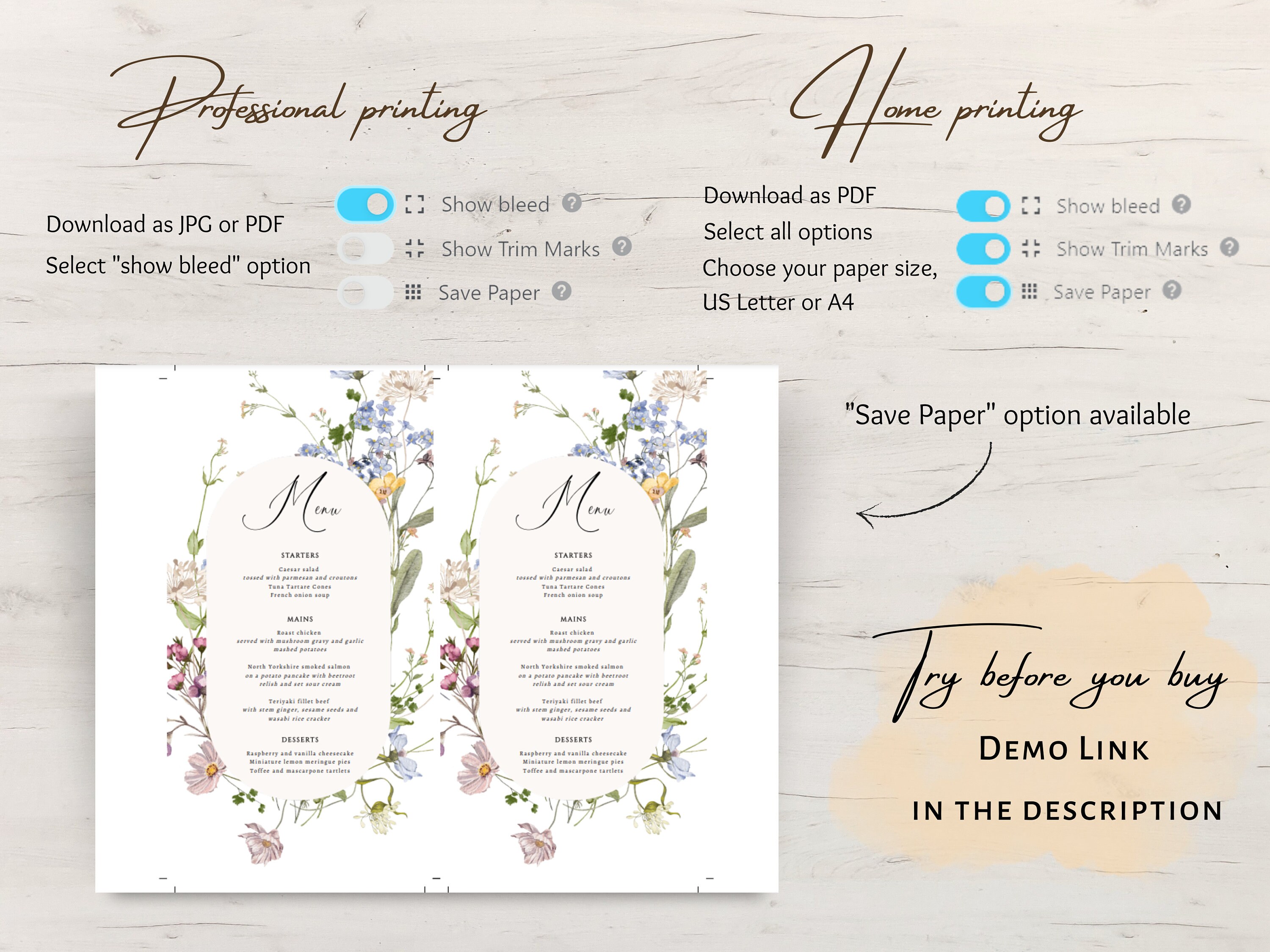 FLEUR Menu Template Wildflowers Wedding Menu Floral Bridal - Etsy