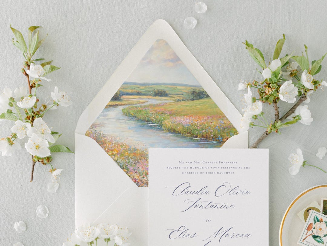 Wedding Invitation Liner, Summer Meadow Liner, Watercolor River Scenic Liner, Floral Wedding ...