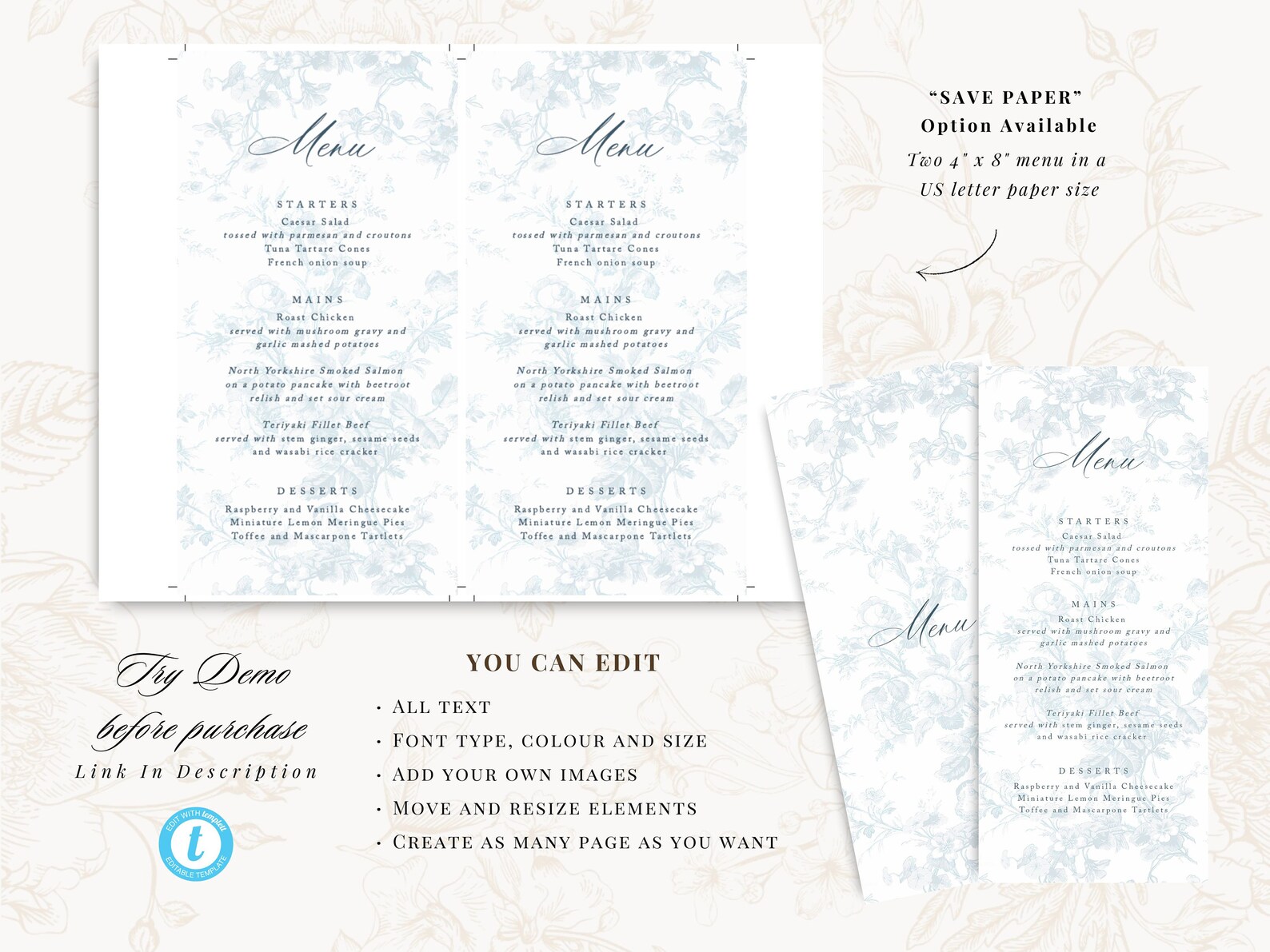French Blue Rose Toile Menu Template Printable Wedding Menu, Garden ...