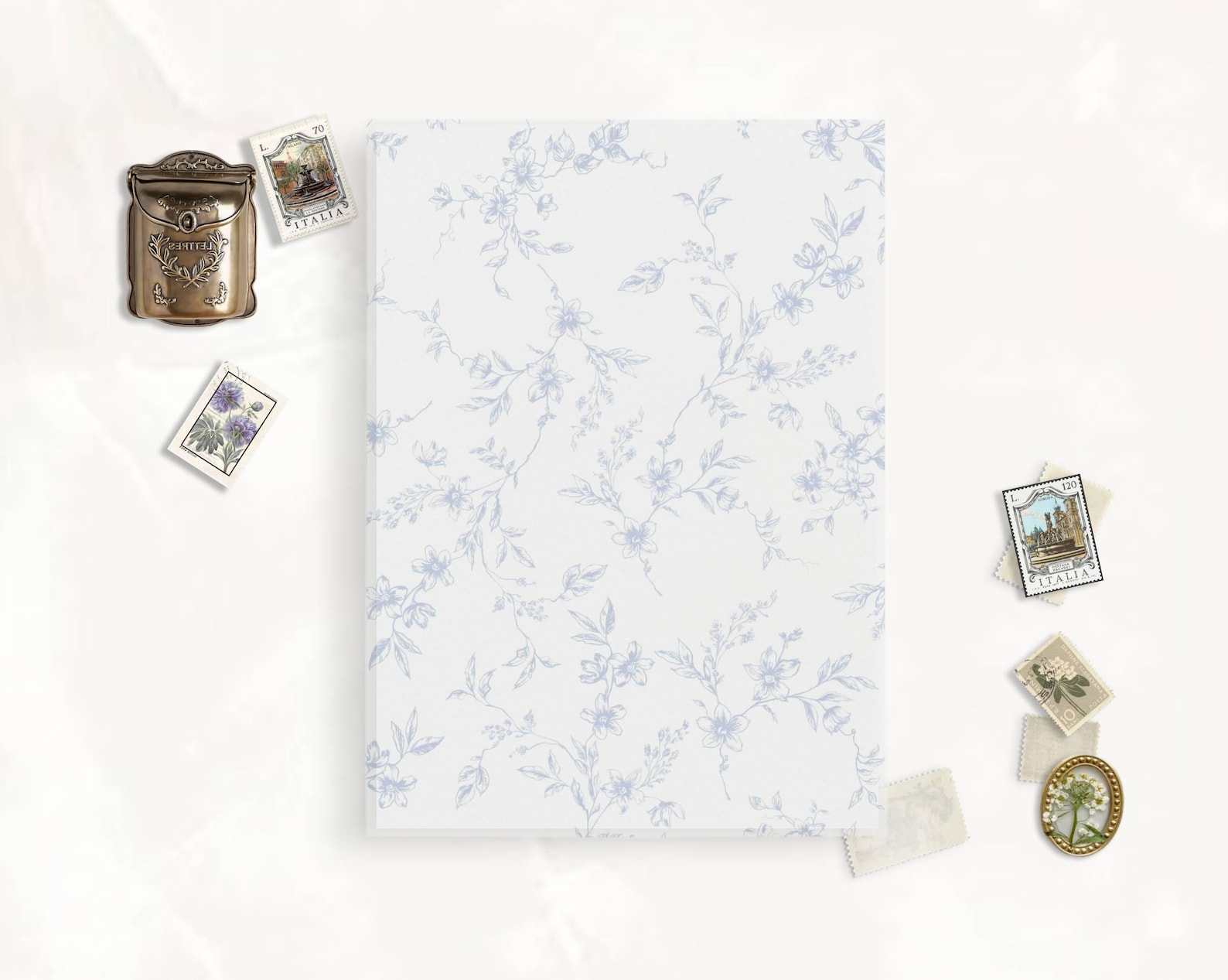 Pre-cut Dusty Blue Chinoiseries Toile Vellum Wrap for Wedding Invite ...