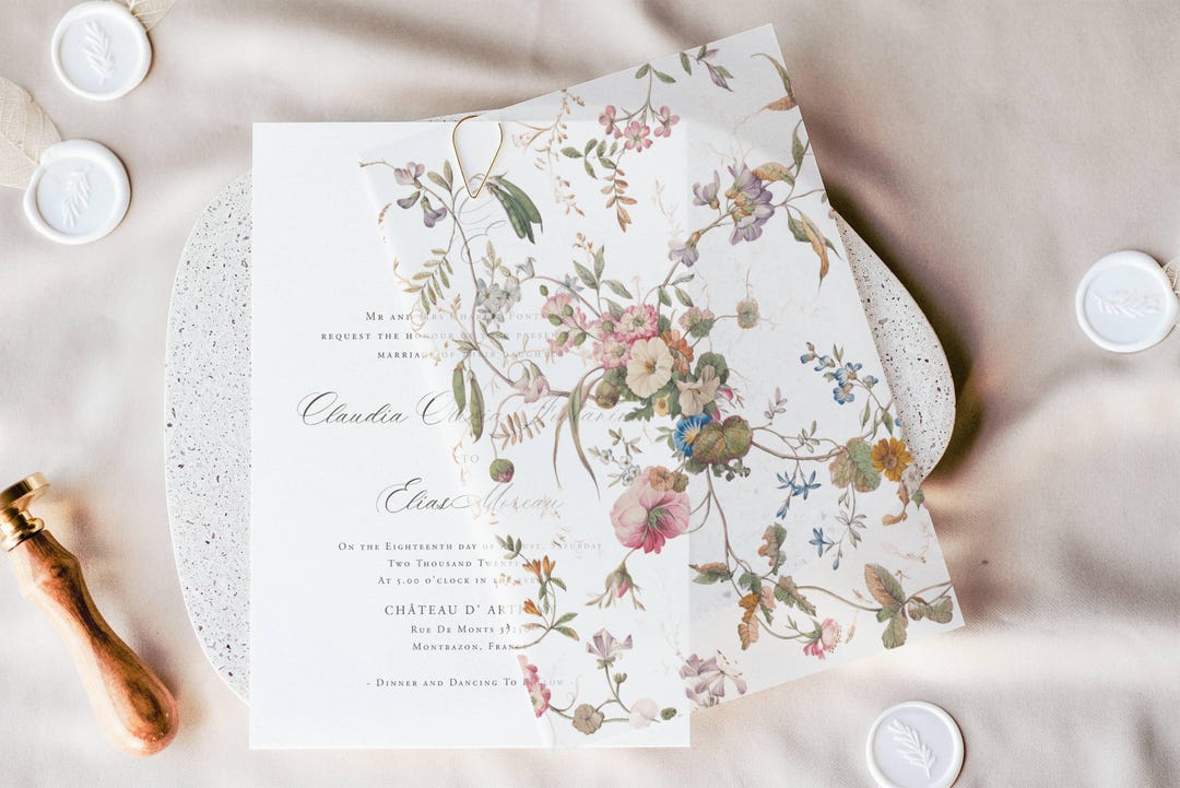 Pre-cut Vintage Floral Vellum Overlay for Wedding Invitation Card, Fine ...