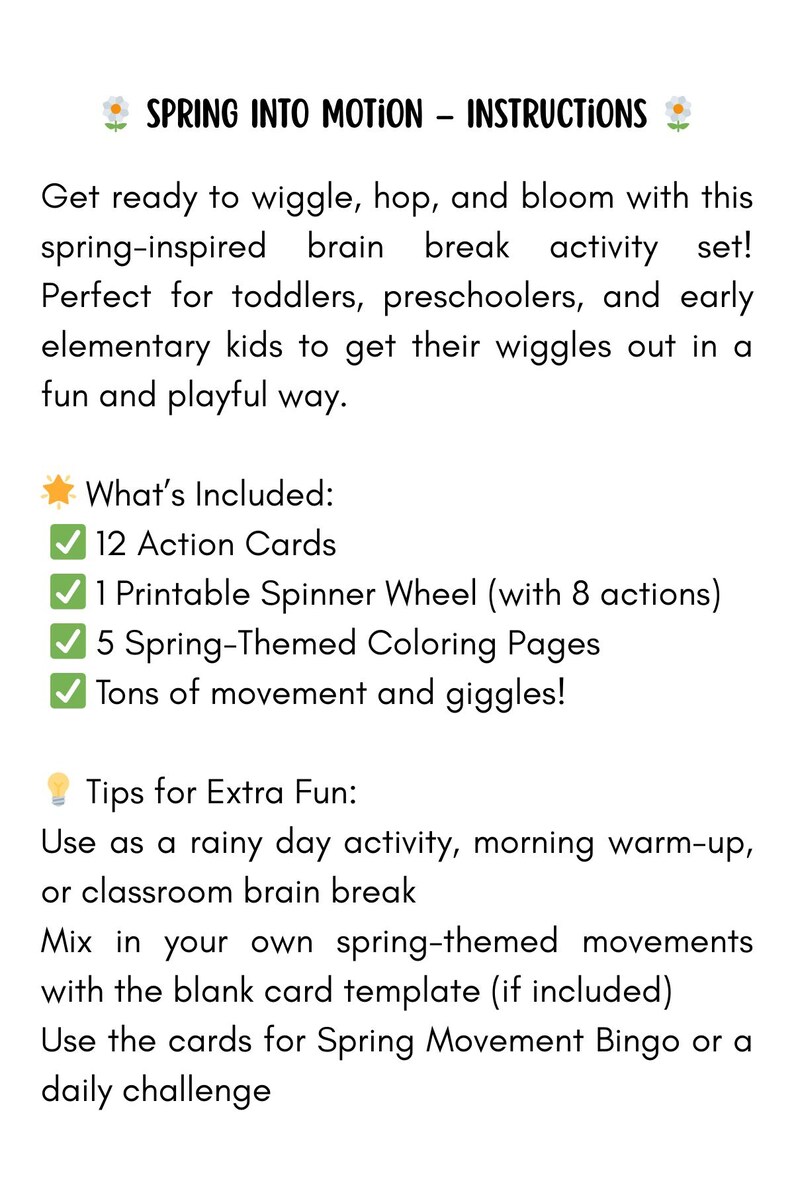 Spring Movement Cards: Brain Break Activity for Kids (printable) - Etsy