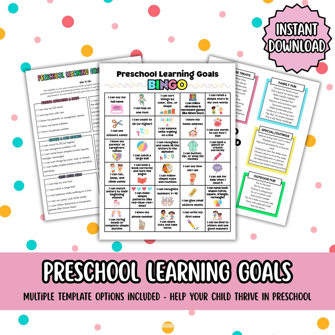 Preschool Learning Goals Checklist & Bingo Printable | Kindergarten ...