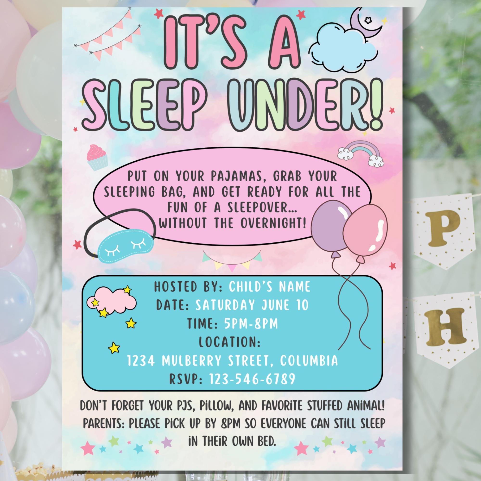 Editable Sleep Under Party Birthday Invitation, Sleep Under Birthday ...