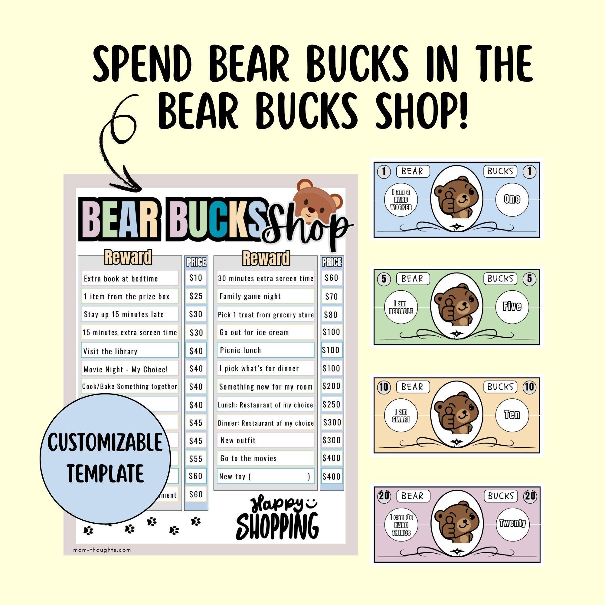 Editable Kids Chore Chart: Bear Bucks Reward System (canva Template) - Etsy