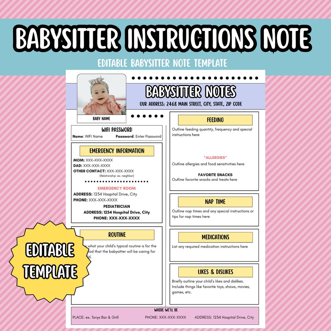 Babysitter Information Sheet, Printable Babysitter Info Sheet Baby ...