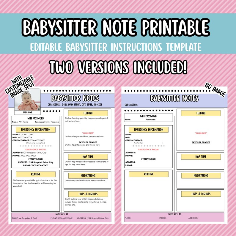 Babysitter Information Sheet, Printable Babysitter Info Sheet Baby ...