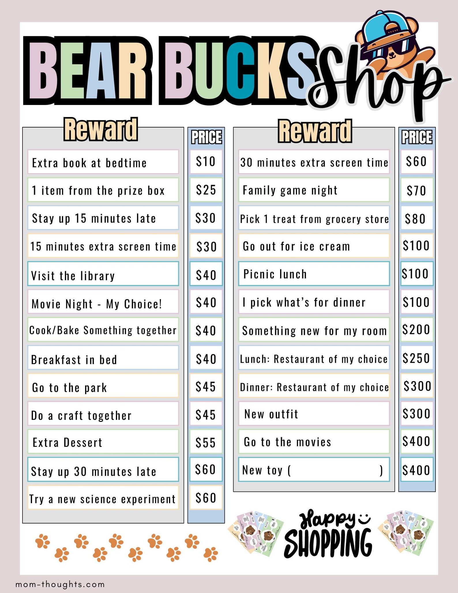 Reward Chart for Kids - Bear Bucks Reward System (printable) - Etsy