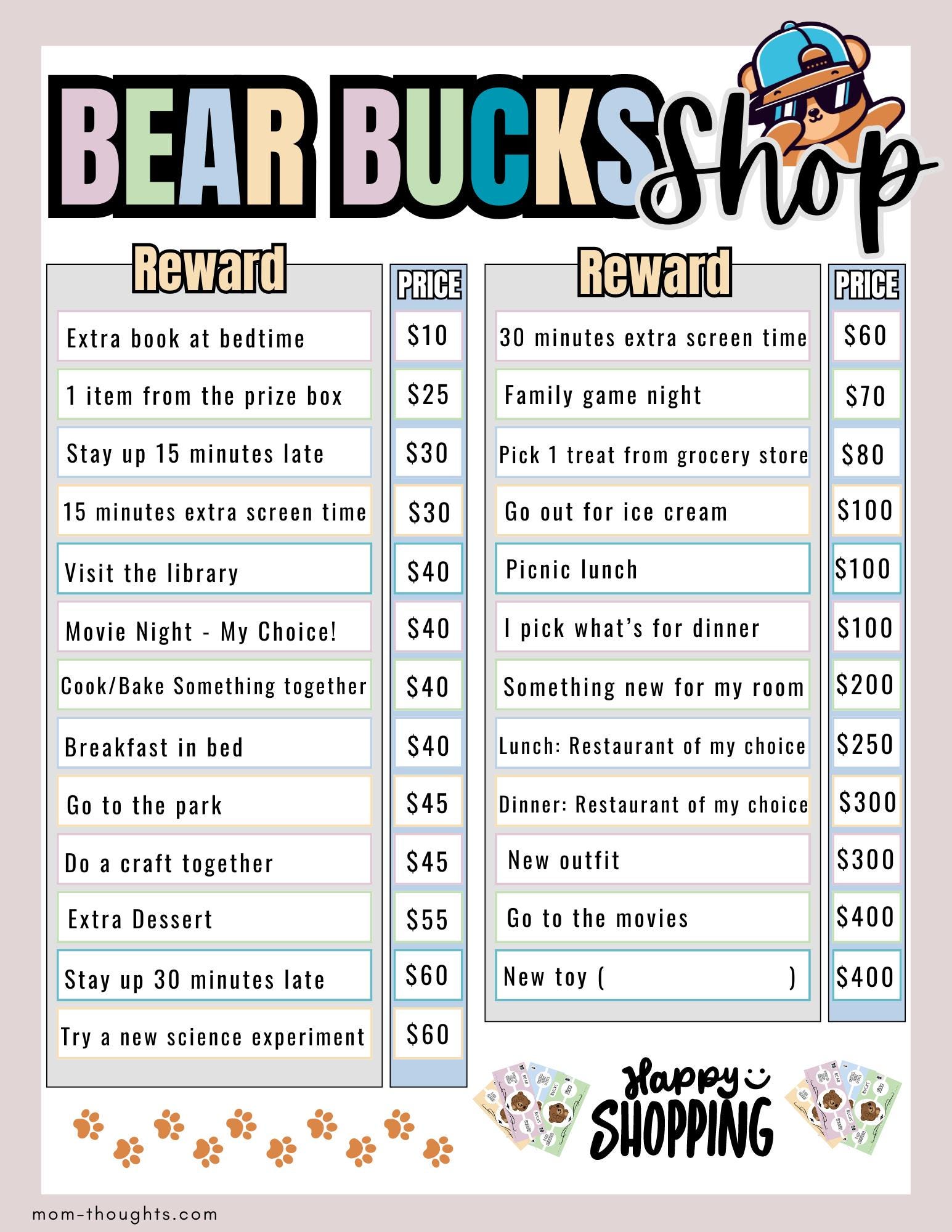 Reward Chart for Kids - Bear Bucks Reward System (printable) - Etsy