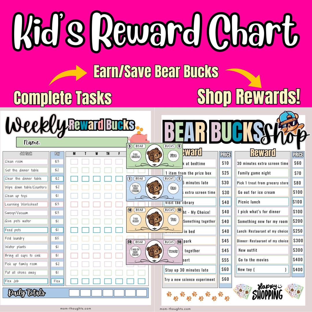 Reward Chart for Kids - Bear Bucks Reward System (printable) - Etsy