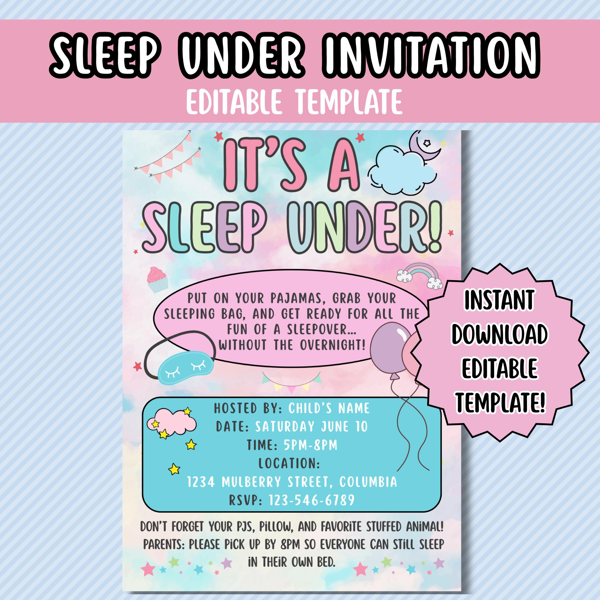 Editable Sleep Under Party Birthday Invitation, Sleep Under Birthday ...