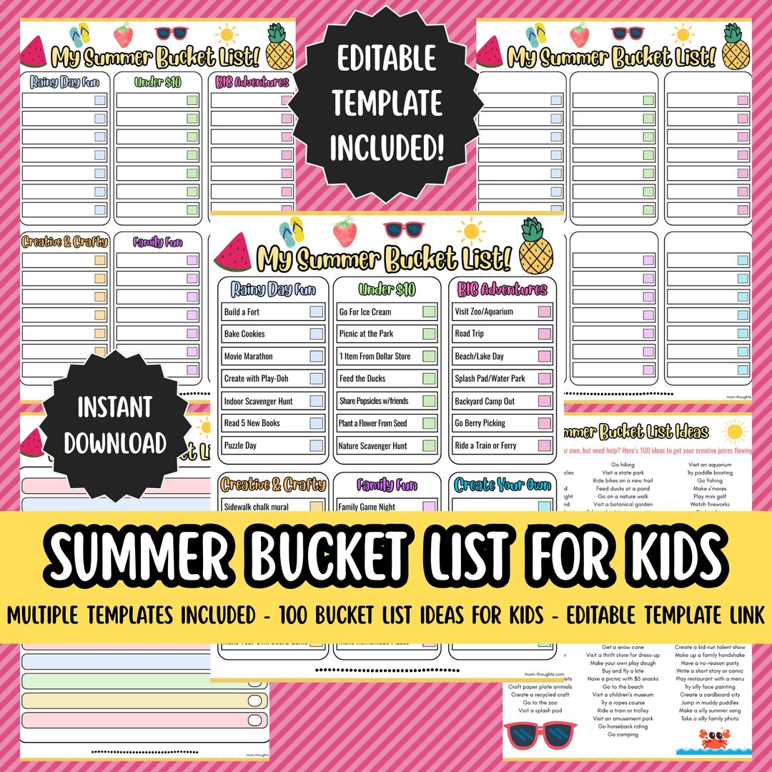 Summer Bucket List for Kids Printable | Editable Canva Template ...