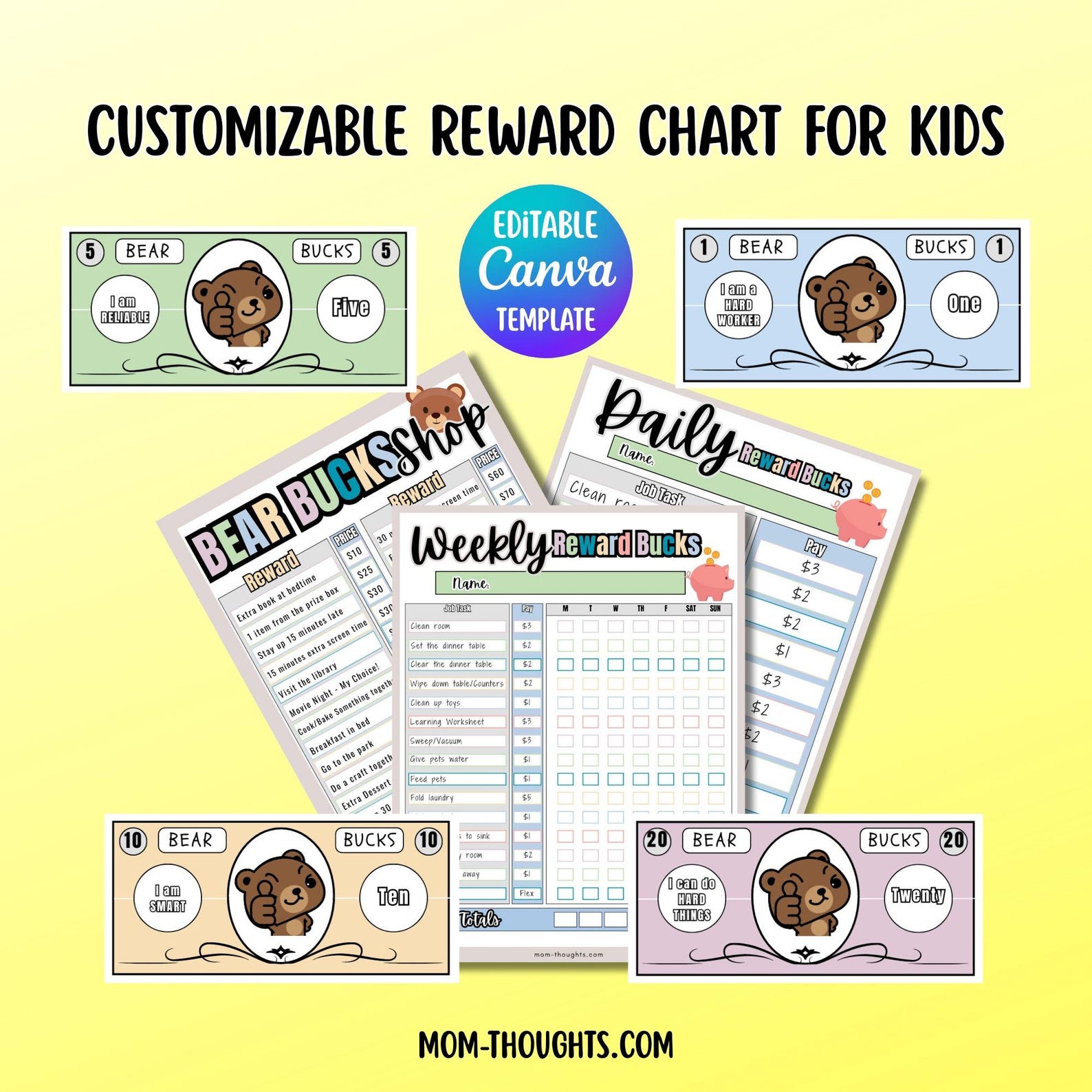 Editable Kids Chore Chart: Bear Bucks Reward System (canva Template) - Etsy