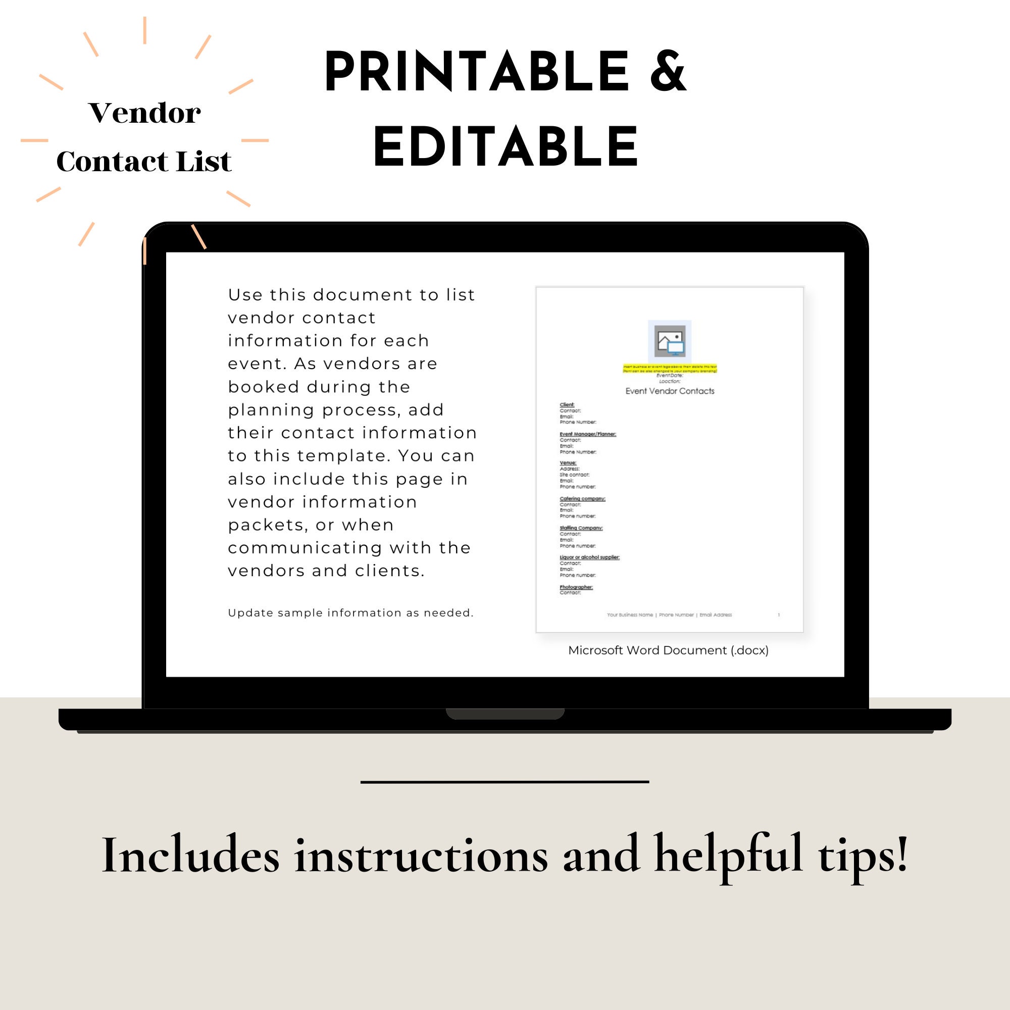 Event Vendor Contact List Digital Event Planning Template for Event ...