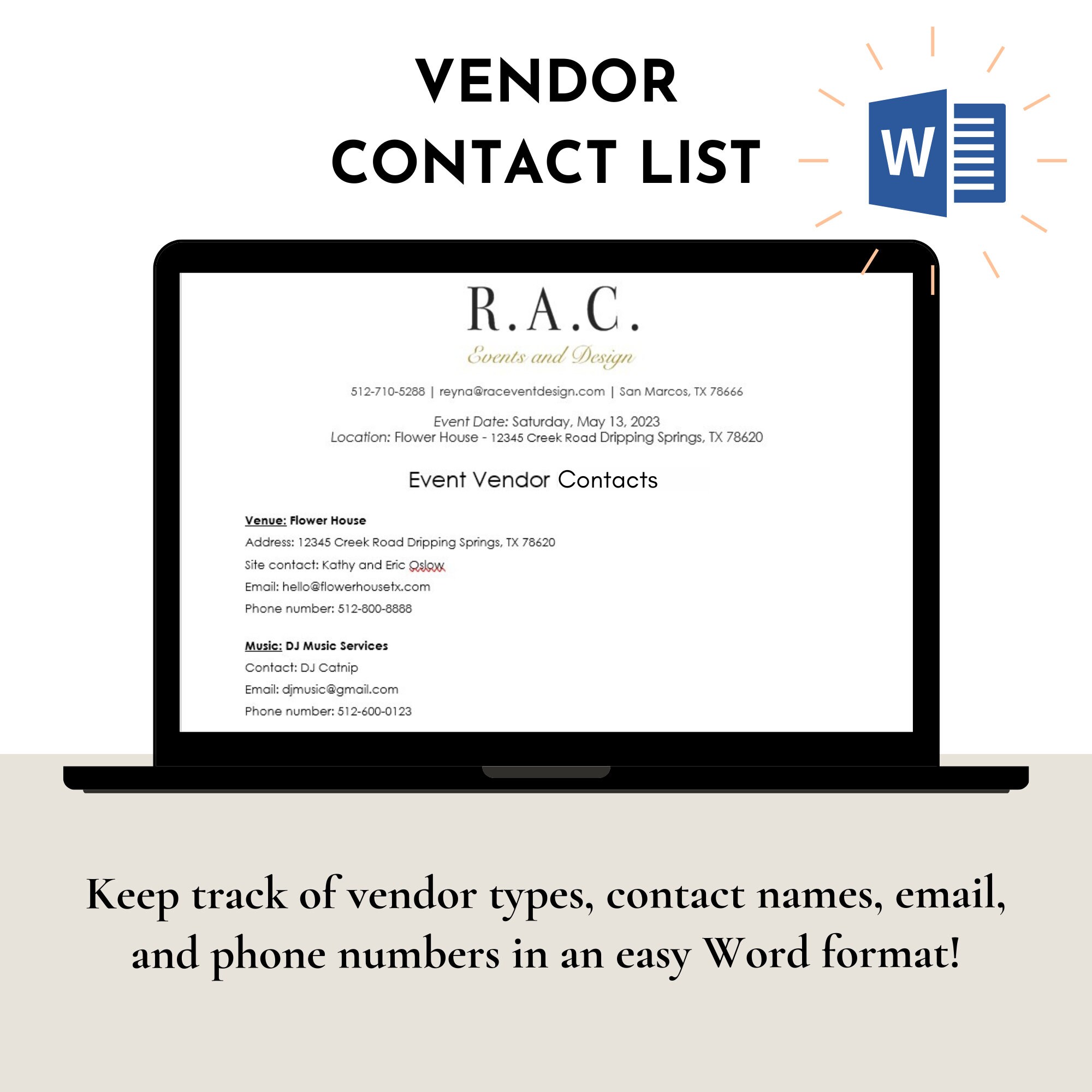 Event Vendor Contact List Digital Event Planning Template for Event ...