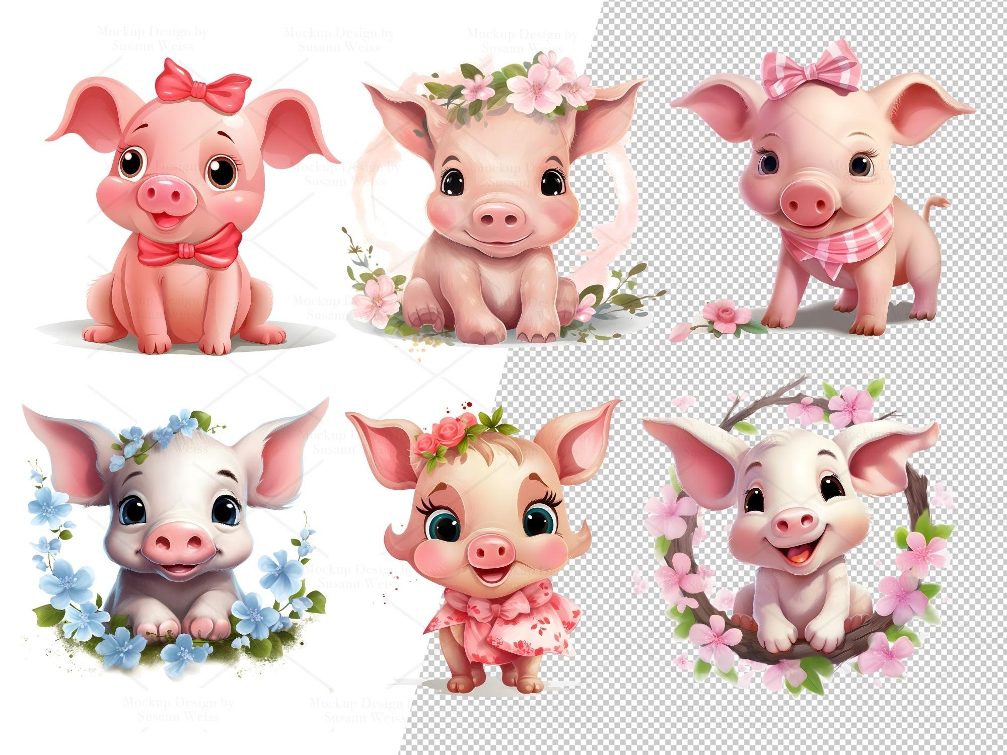 24 Digital Cute Pig Clip Art Set, Cute Pig Sticker, Colorful PNG for ...