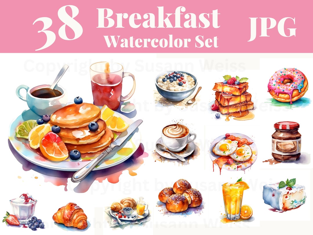 38 Digital Set Watercolor Breakfast JPG, 38 Breakfast Bundle, Food ...