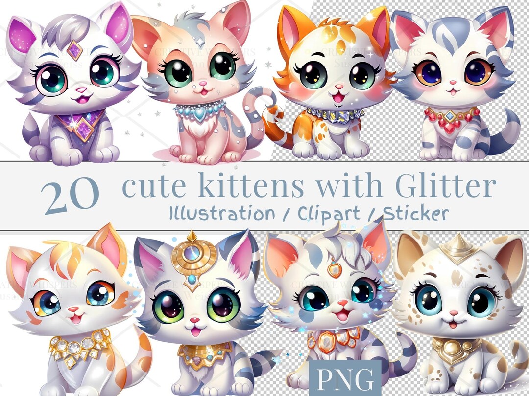 20 Glitter Kitten Clipart PNG – Cute Sparkly Cat Stickers for Kids ...