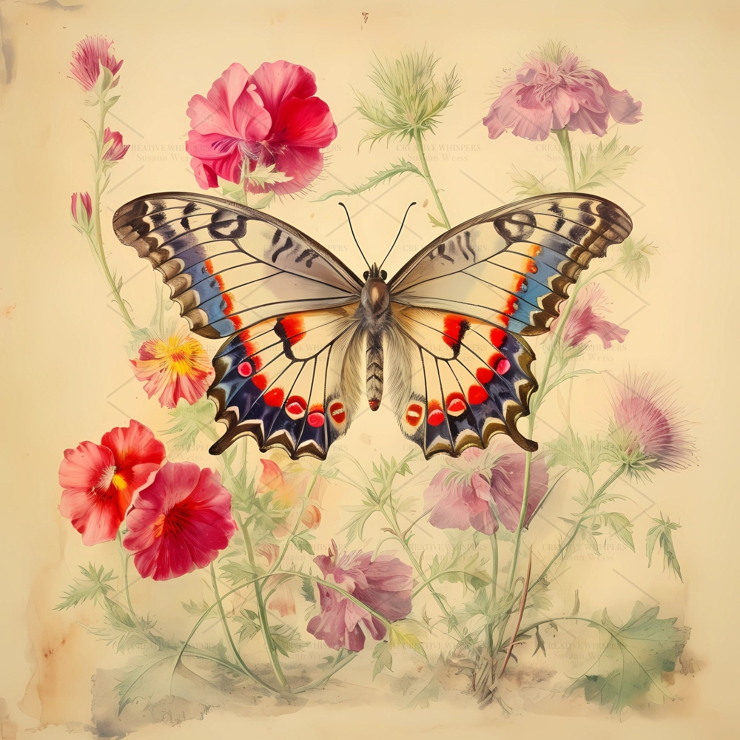 Butterfly and Flowers Vintage Watercolor Clipart Bundle 10 High Quality ...