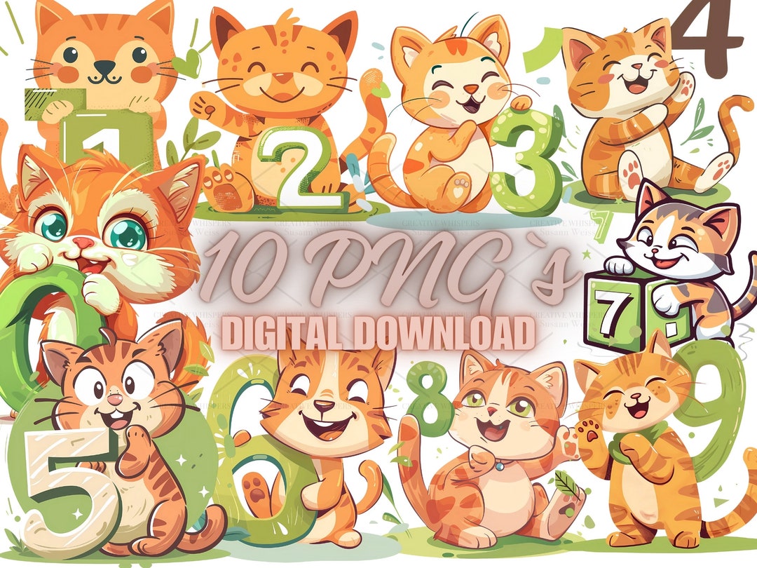 Cute Cat Numbers Clipart Bundle- 10 High Quality Pngs-, Birthday Cat ...