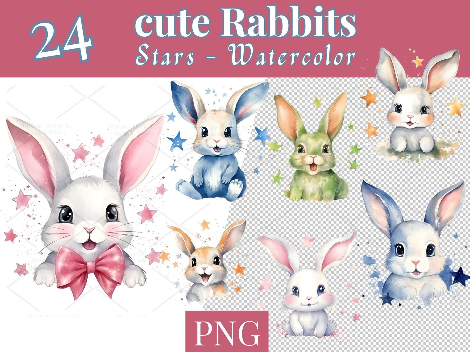 Digital Set of 24 Watercolor Cute Rabbit PNG, Sticker Clipart Cute ...