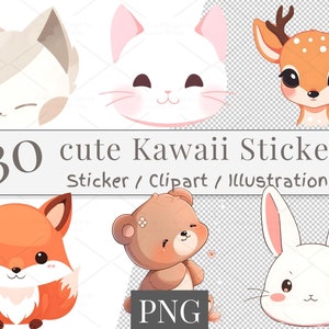 30 Digital Cute Animal Kawaii Sticker Clipart Set, Cute Kawaii Sticker ...