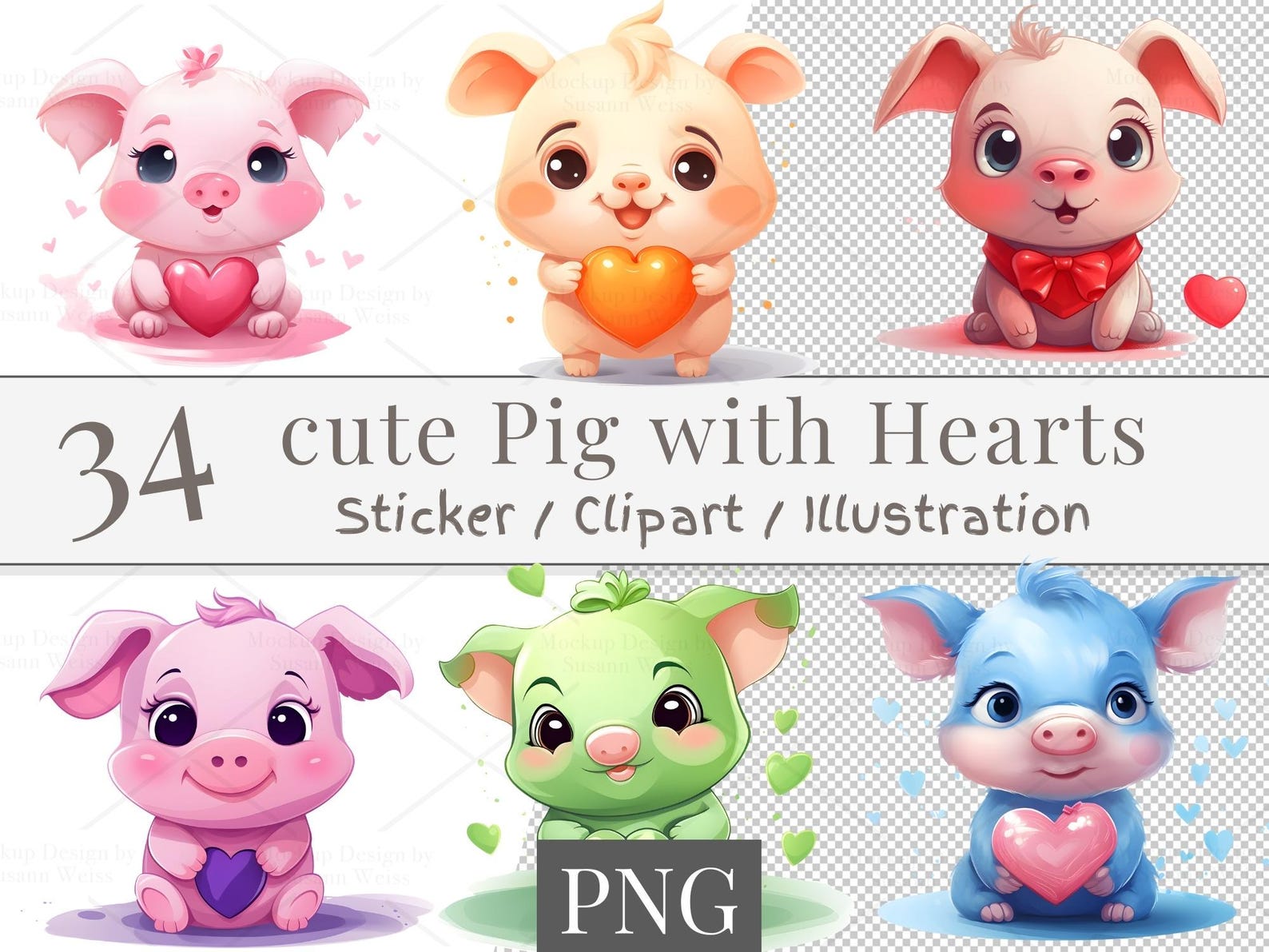 34 Cute Pig Heart PNG Stickers Sweet Valentine Pig Clipart Romantic Pig ...