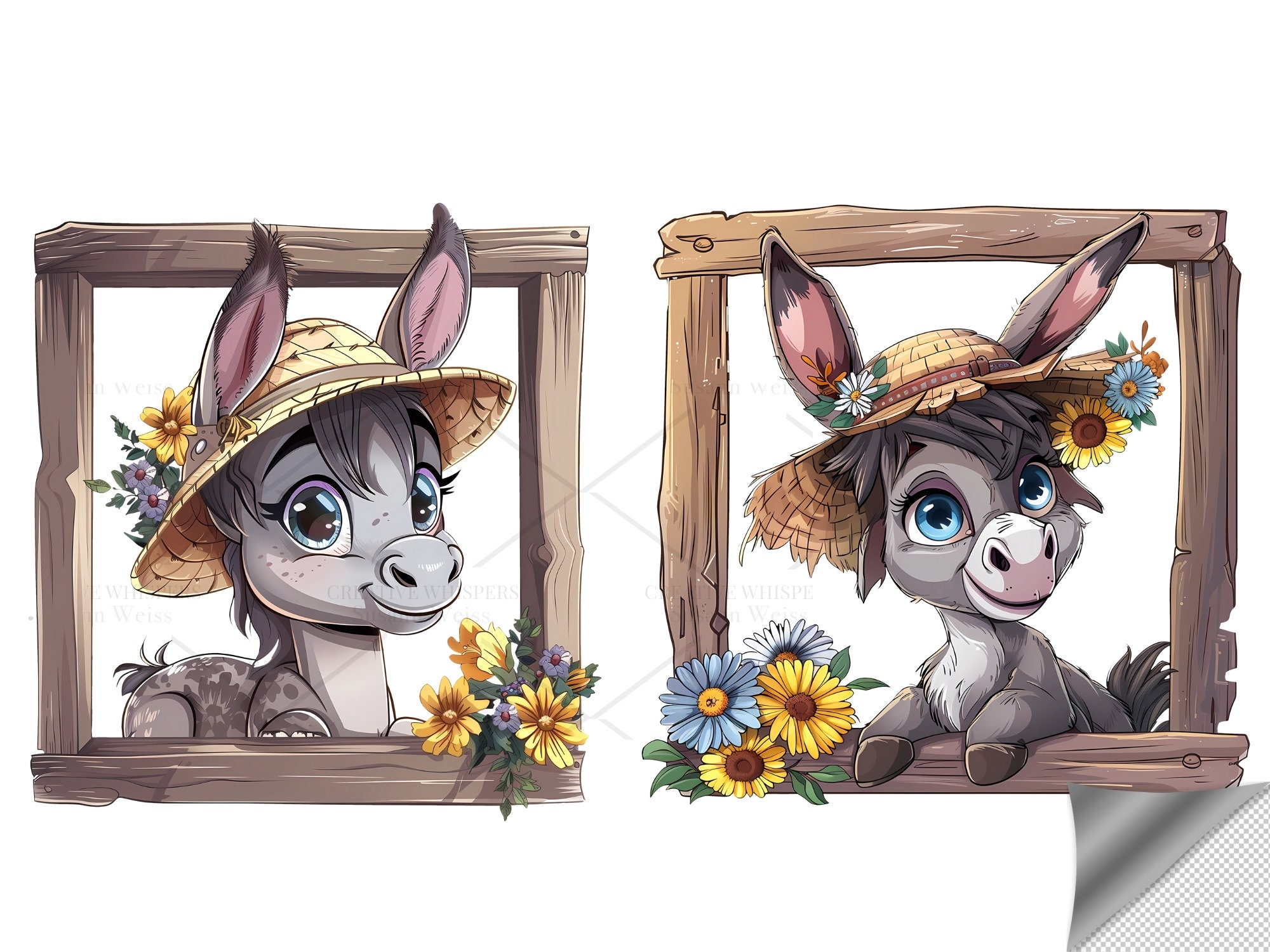 Funny Donkey in Frame, Clipart Bundle 10 High Quality Pngs, Journaling ...