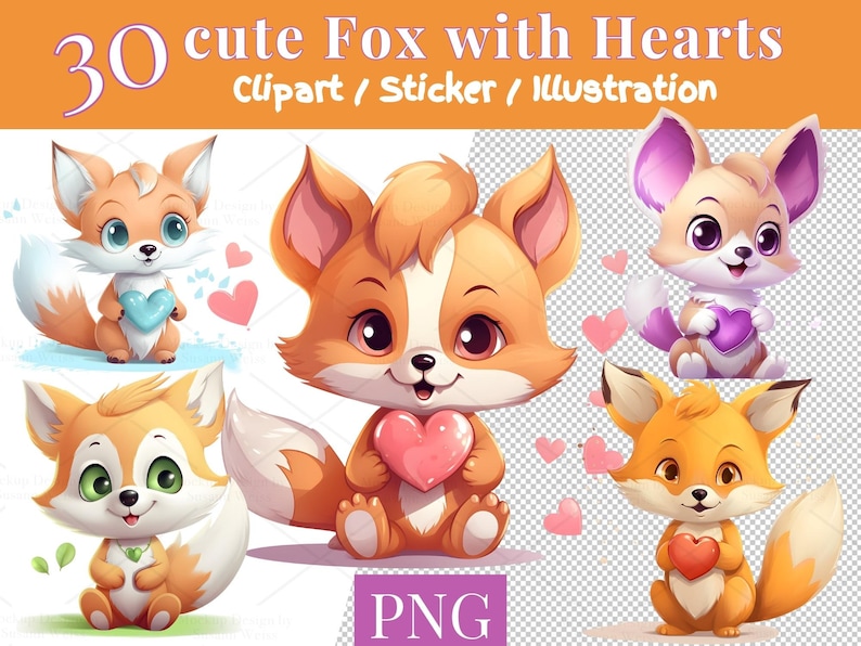 30 Digital Cute Fox Clip Art Set, Cute Fox Sticker, Cute Fox Colorful ...