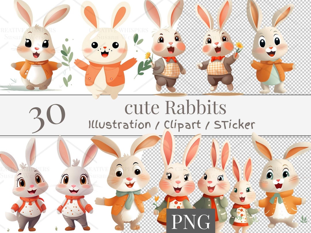 30 Digital Cute Rabbit Clip Art Set, Cute Rabbit Sticker, Sublimation ...