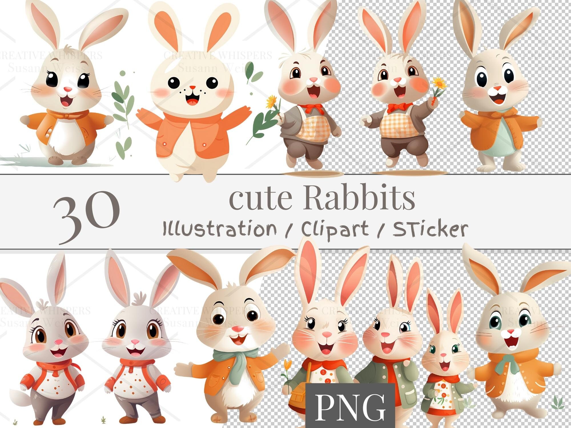 30 Digital Cute Rabbit Clip Art Set Cute Rabbit Sticker - Etsy