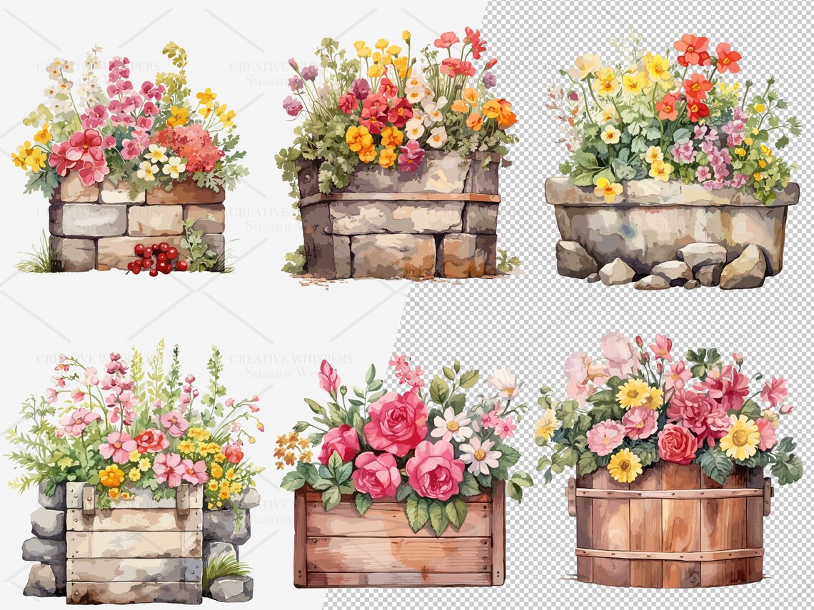 24 Watercolor Vintage Flower Box SVG, PNG, Window With Flower Box ...