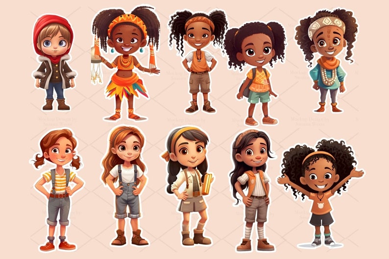 78 Cute Girl Stickers PNG – Multicultural Kids Clipart With Diverse ...