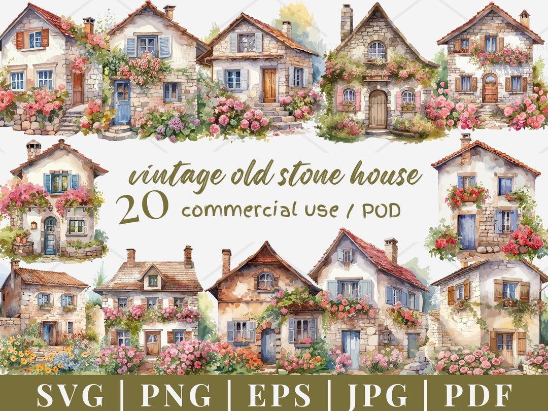 20 Watercolor Vintage Stone House SVG, PNG, Ornament, Clipart Vector ...