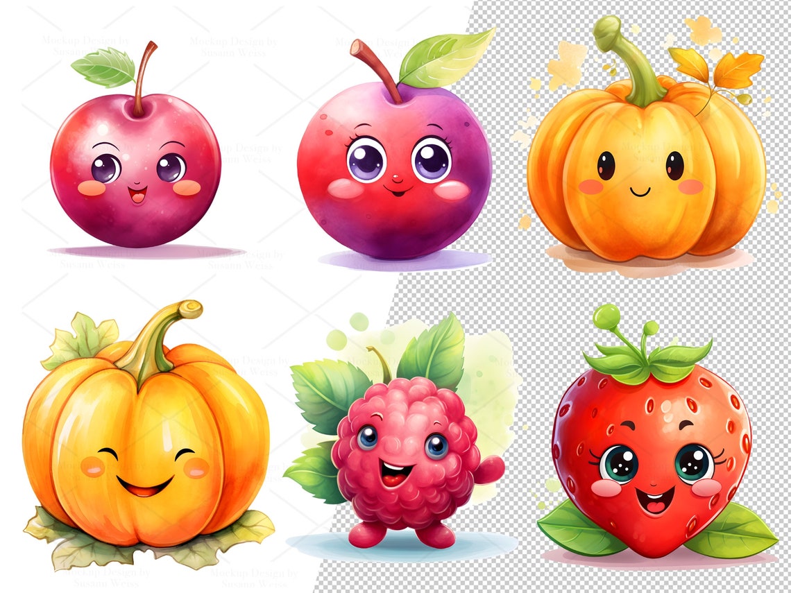 Digital Set of 30 Watercolor Cute Fruit PNG Sticker Clipart - Etsy