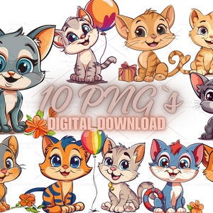 Cute Cat Cartoon, Kitten Sticker, Clipart Bundle- 10 High Quality Pngs ...