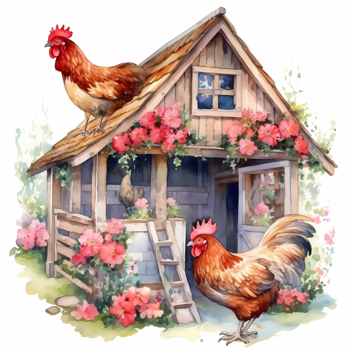 Hen House Chicken Coop Clipart Bundle 10 High Quality Watercolor Jpgs ...