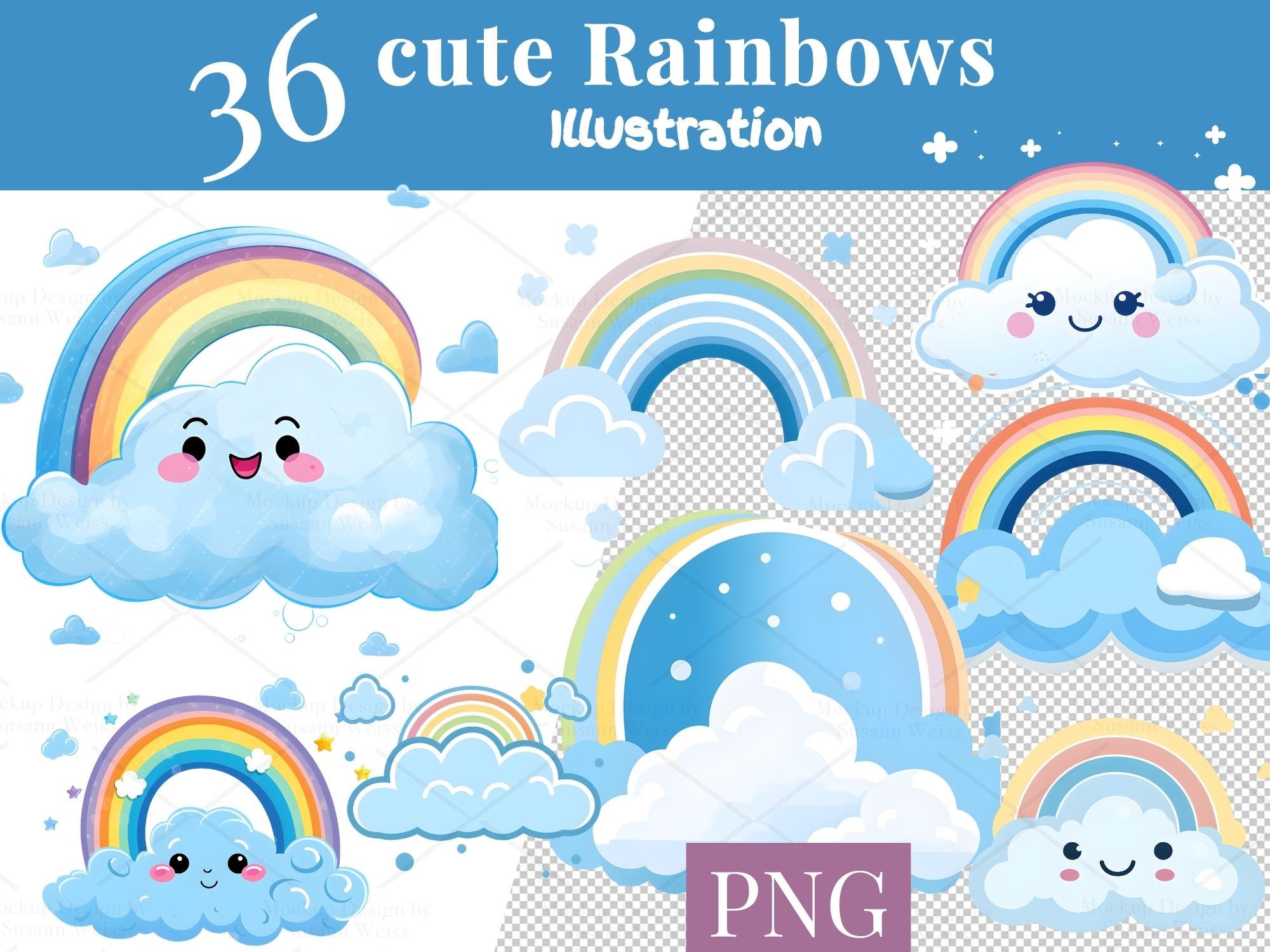 36 Digital Cute Rainbow Clip Art Set, Cute Rainbow Sticker, Cute ...