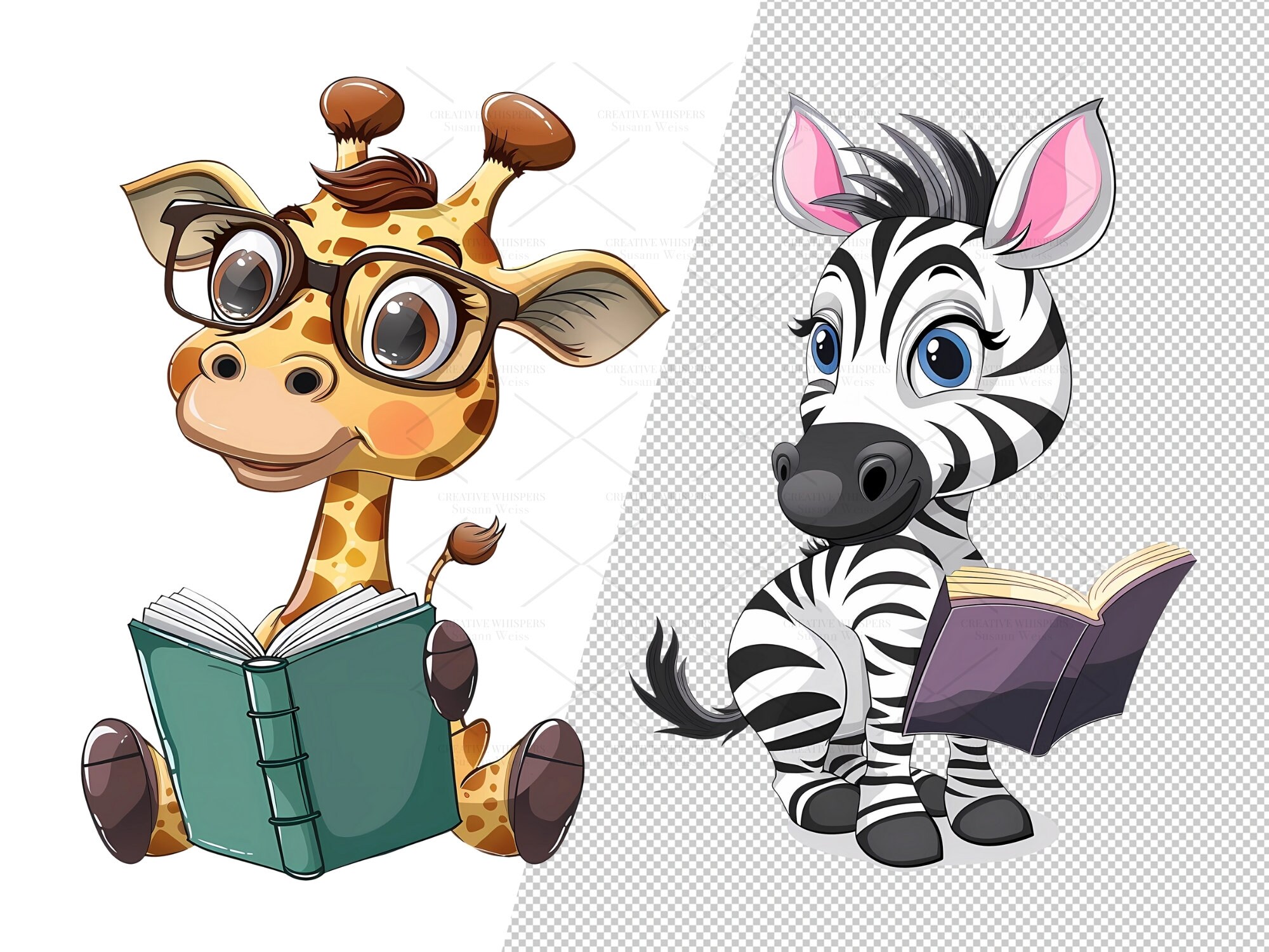 Cute Animal With Book Illustration Clipart Bundle 10 High Quality Pngs ...