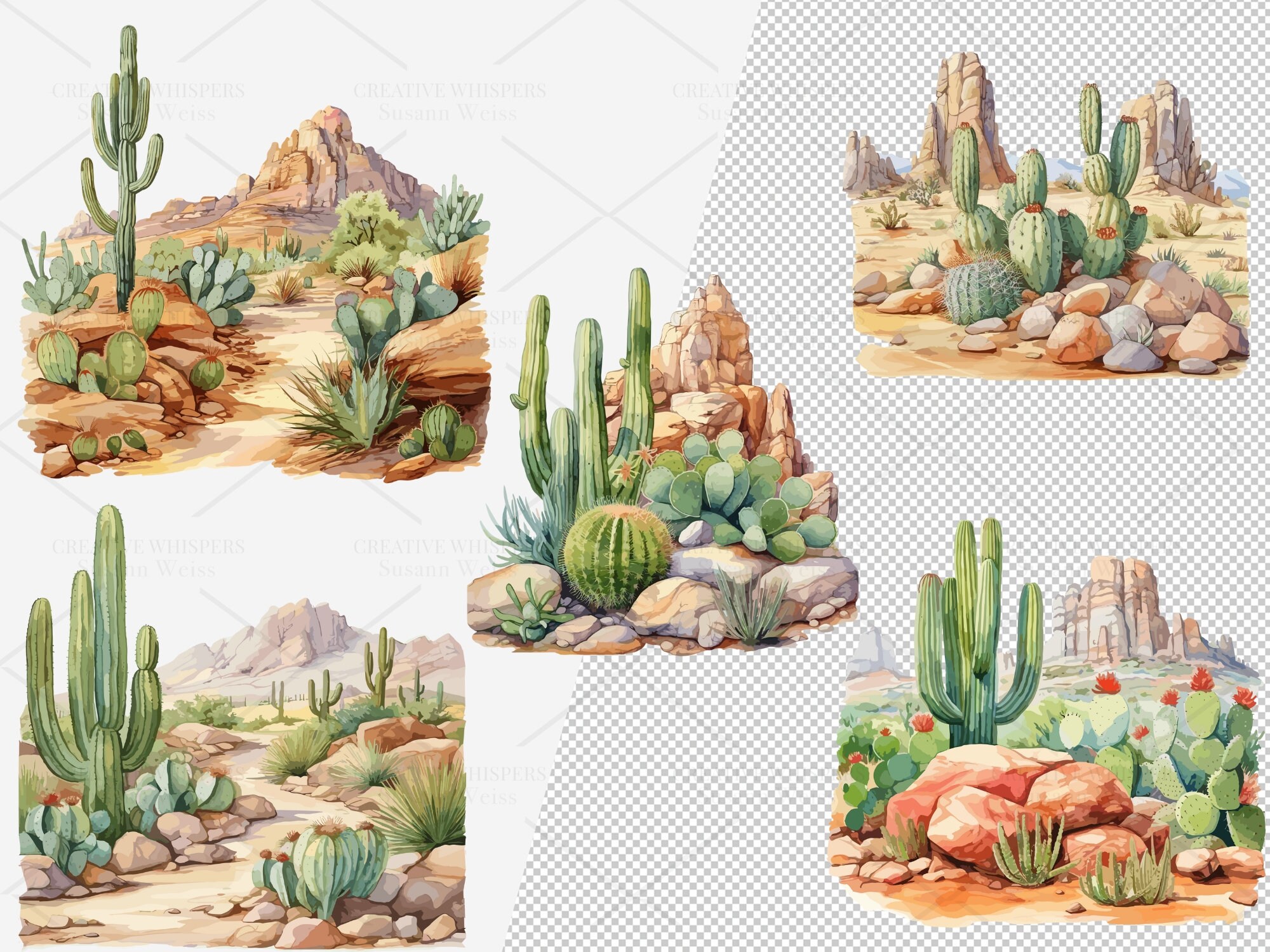 20 Watercolor Cactuses in the Desert, SVG, PNG, Commercial Use, Clipart ...