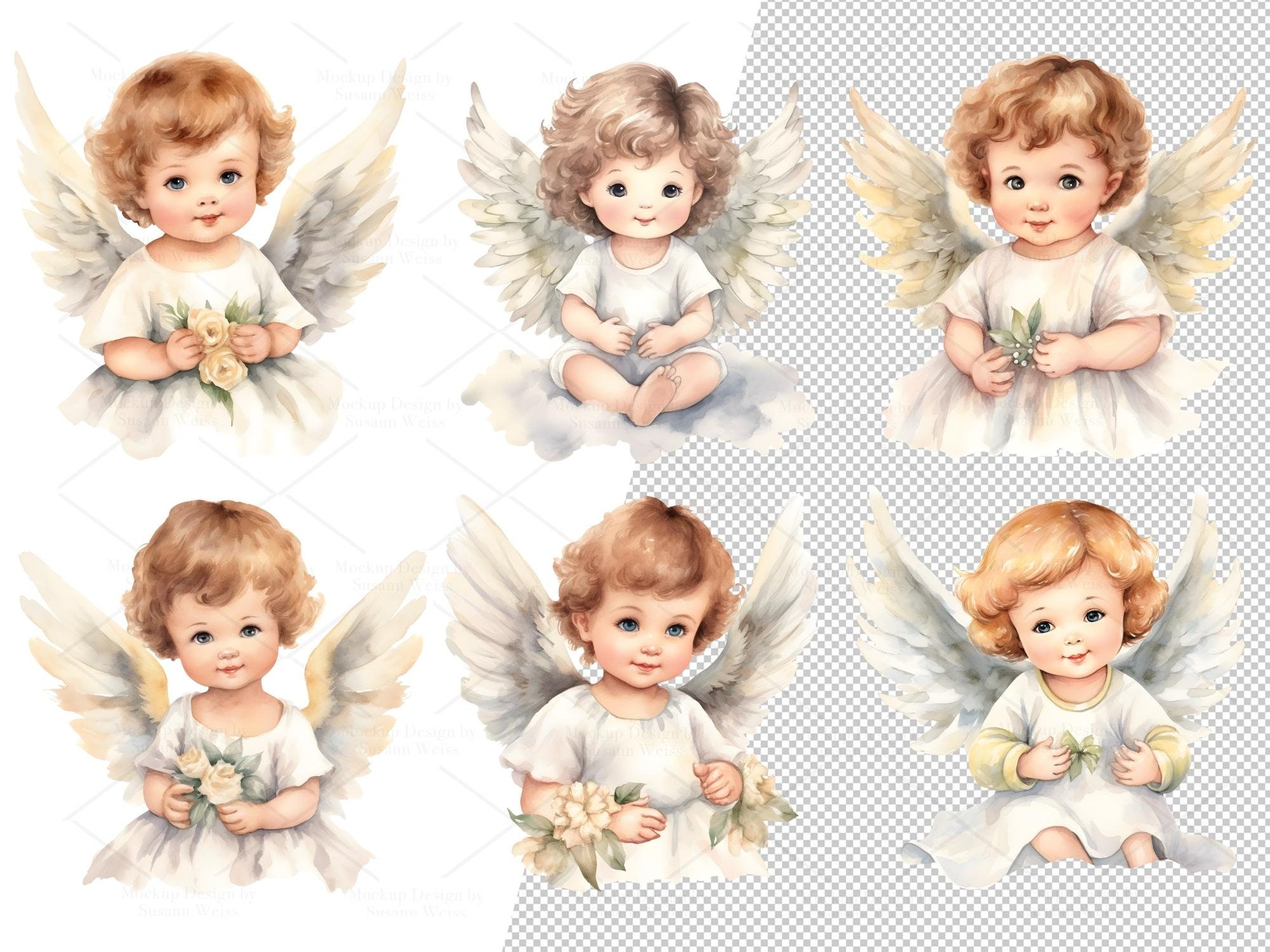 Digital Set of 24 Watercolor Cute Baby Angels PNG, Sticker Clipart Cute ...