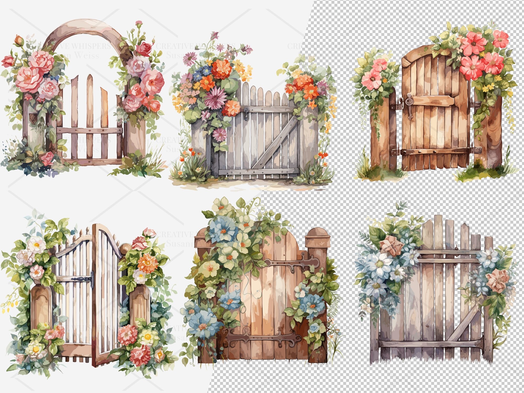 24 Watercolor Vintage Gate Floral, Flowers, SVG, PNG, Commercial Use ...
