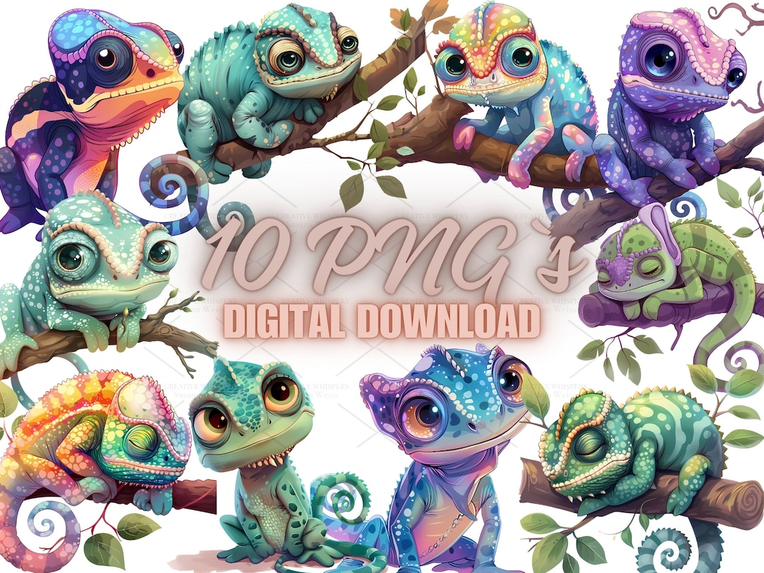 Cute Chameleon Sticker, Clipart Bundle- 10 High Quality Pngs ...