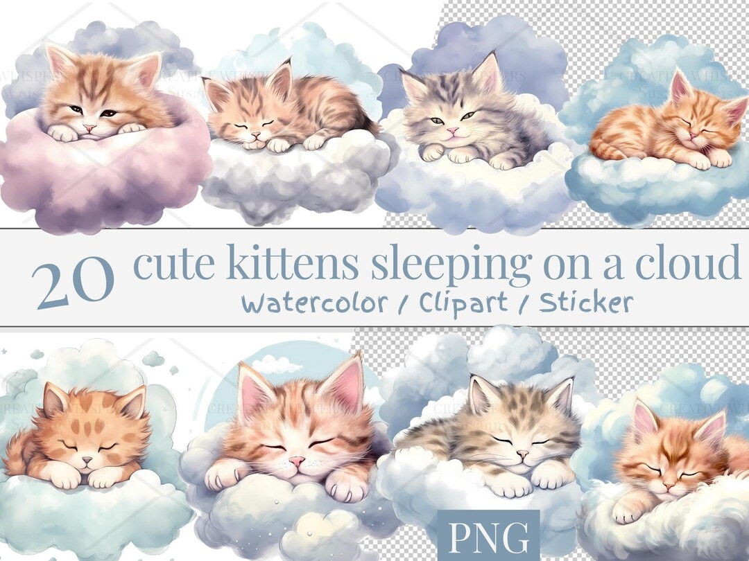 20 Sleeping Kitten Cliparts – Watercolor PNG Cats on Clouds for ...