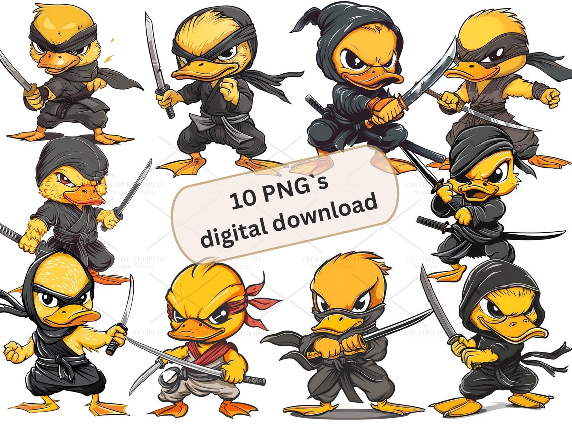 Duck Ninja Clipart Bundle – 10 PNG Illustrations, Craft Graphics ...