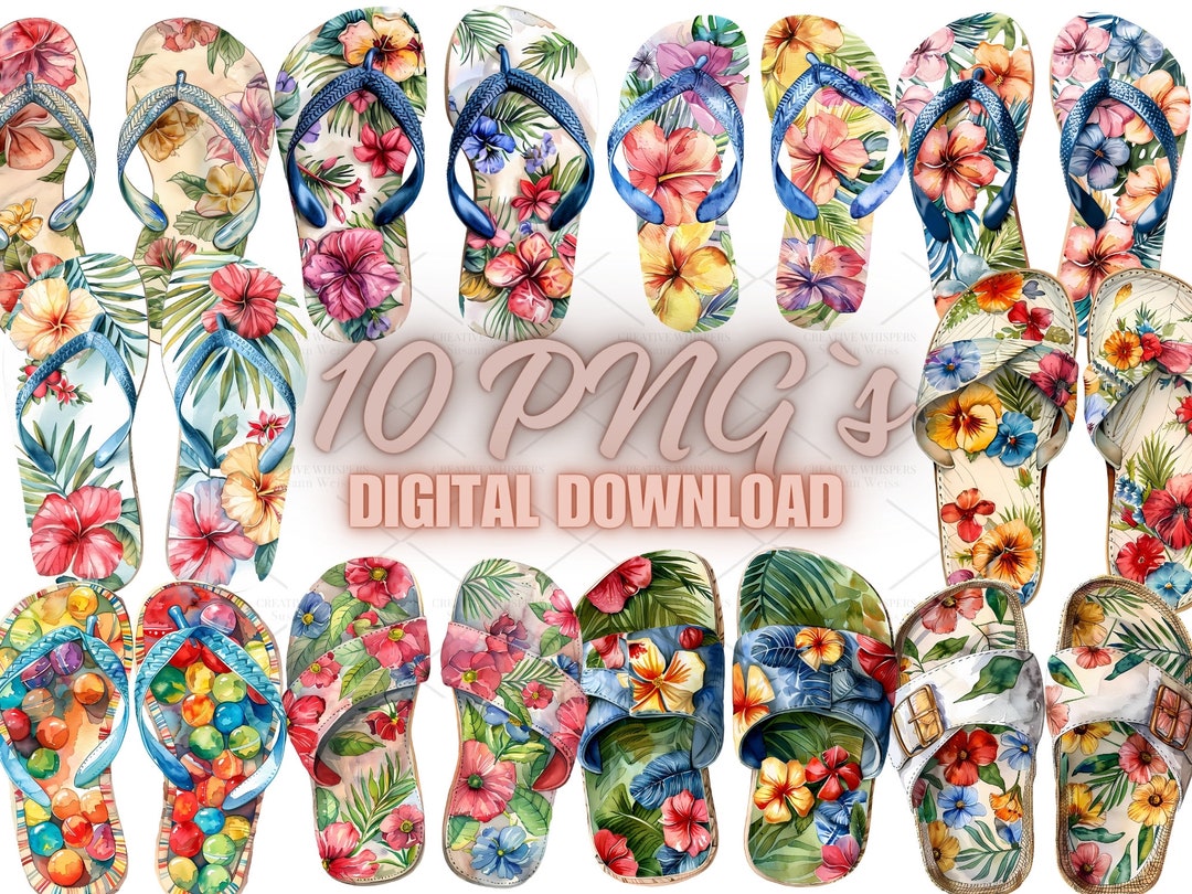 Summer Shoes Watercolor, Clipart Sandals and Flip Flops Bundle- 10 High ...