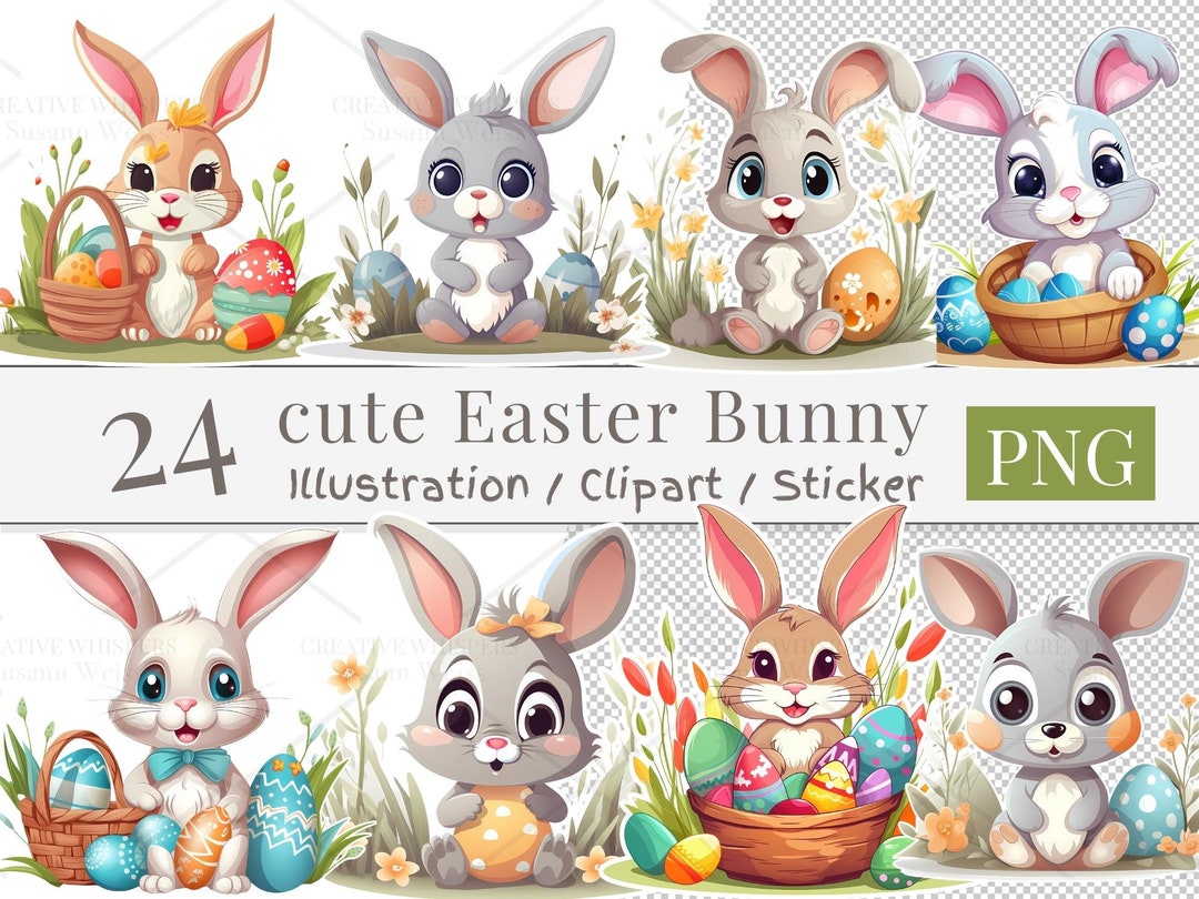 24 Digital Cute Easter Bunny Clip Art Set, Cute Easter Bunny Sticker ...