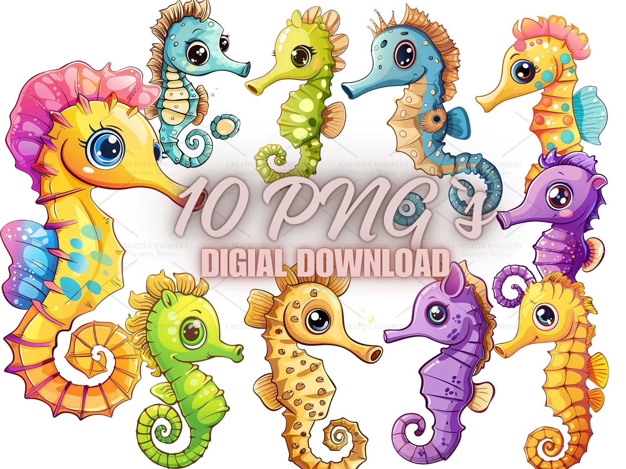 10 Cute Seahorse Clipart – Colorful Ocean Animals PNG for Nursery Art ...