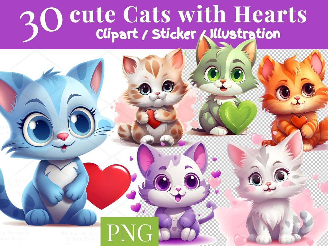 30 Digital Cute Cat and Heart Clip Art Set, Cute Cat Sticker, Cute Cat ...